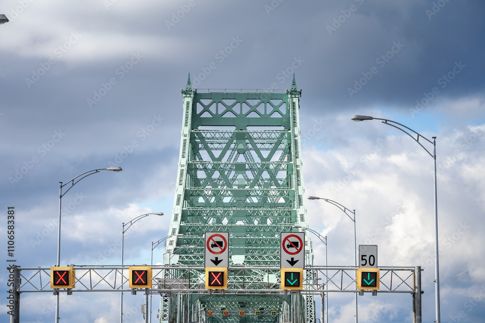 Traffic lanes for trucks and cars on the Jacques Cartier Bridge in ...