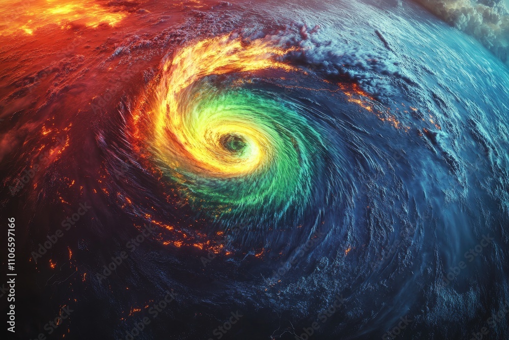 ภาพประกอบสต็อก A vibrant weather radar map showing a swirling hurricane ...