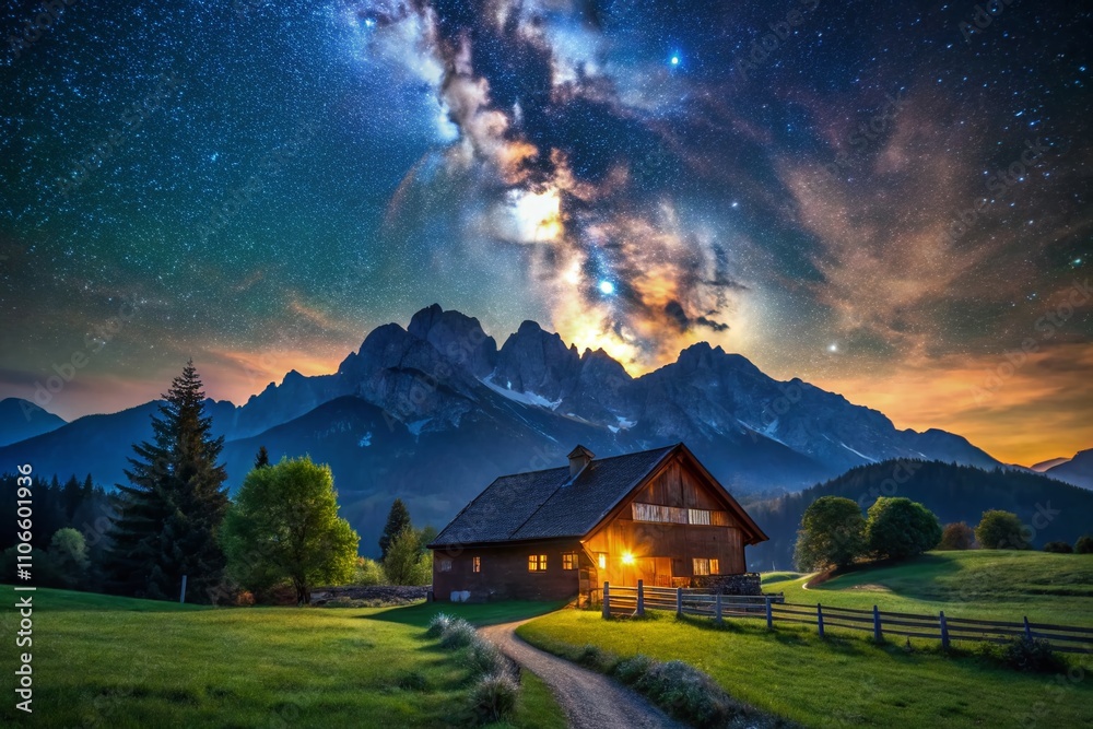 Breathtaking Night Photography of a Rustic Farmhouse Nestled in the Serene Mountains Under a ...