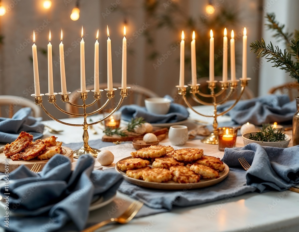 Festive Hanukkah celebration in 2025 with traditional foods and candles ...
