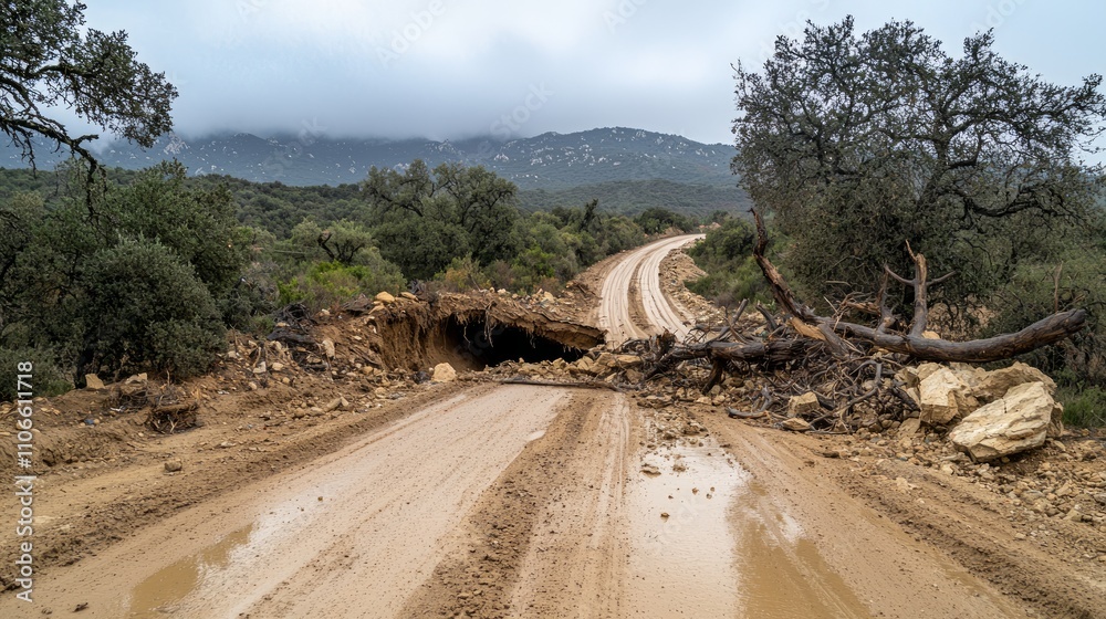 A rural dirt road with a dramatic chasm formed after an earthquake ...