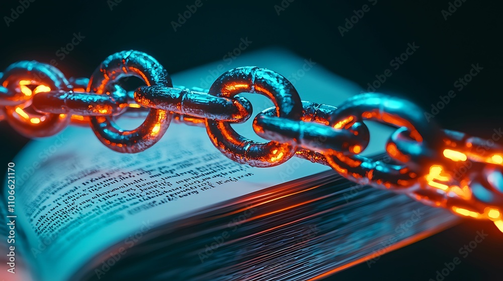 Law restriction framework. A glowing chain hovers above an open book ...