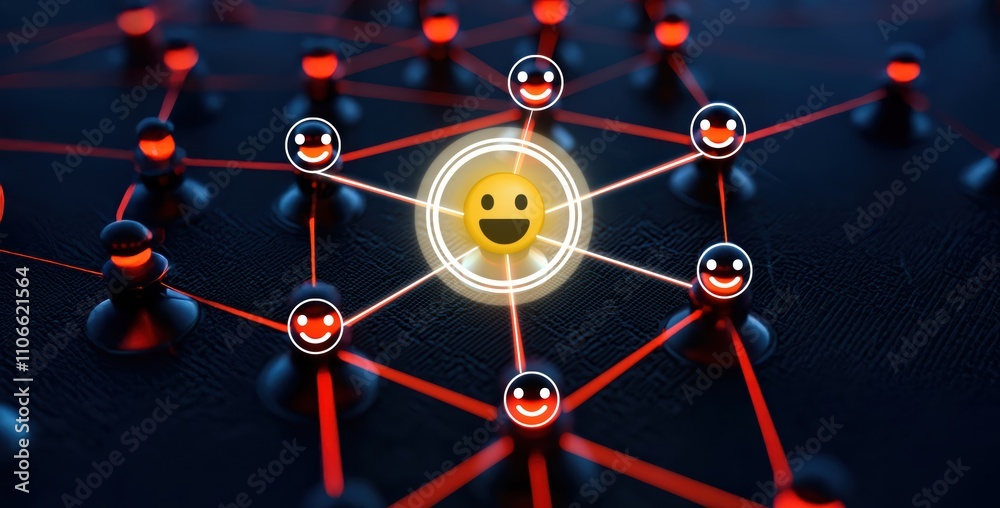 A digital network visual featuring a central smiling emoji connected to ...