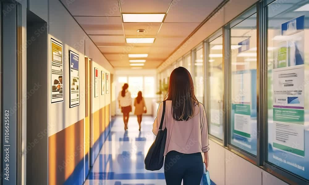 Serene School Corridor with Bright Windows and Students Engaging in ...