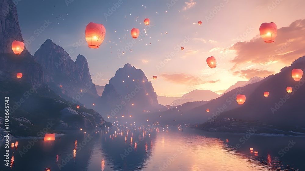 Magical sunset landscape with many floating lanterns over calm lake and ...