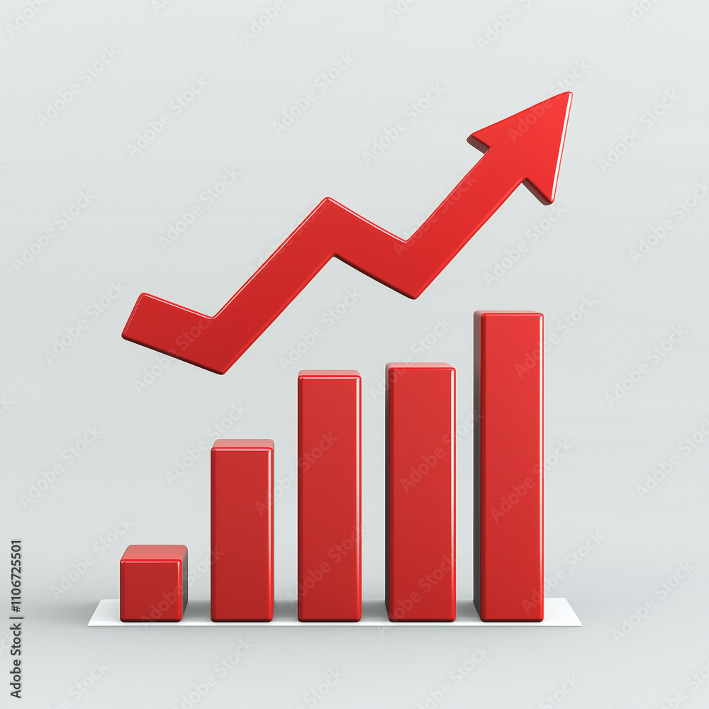 Red arrow with an increasing bar chart showing a trend upward foto de ...