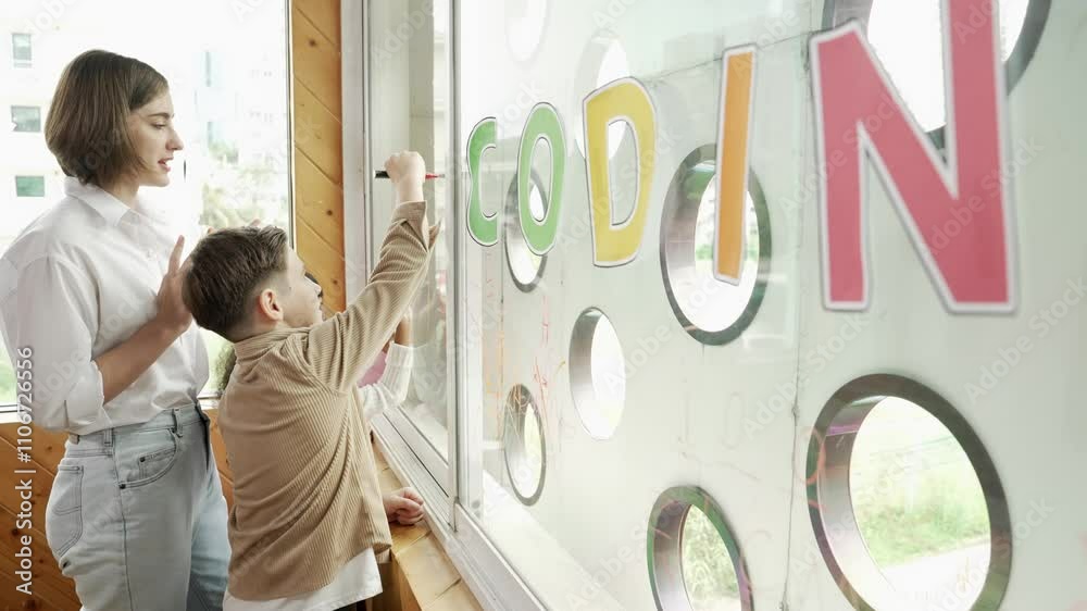 Young pretty teacher teaching diverse student drawing in art lesson ...
