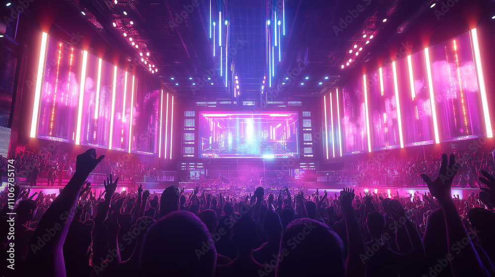 E-sports arena, filled with cheering fans and colorful LED lights ...