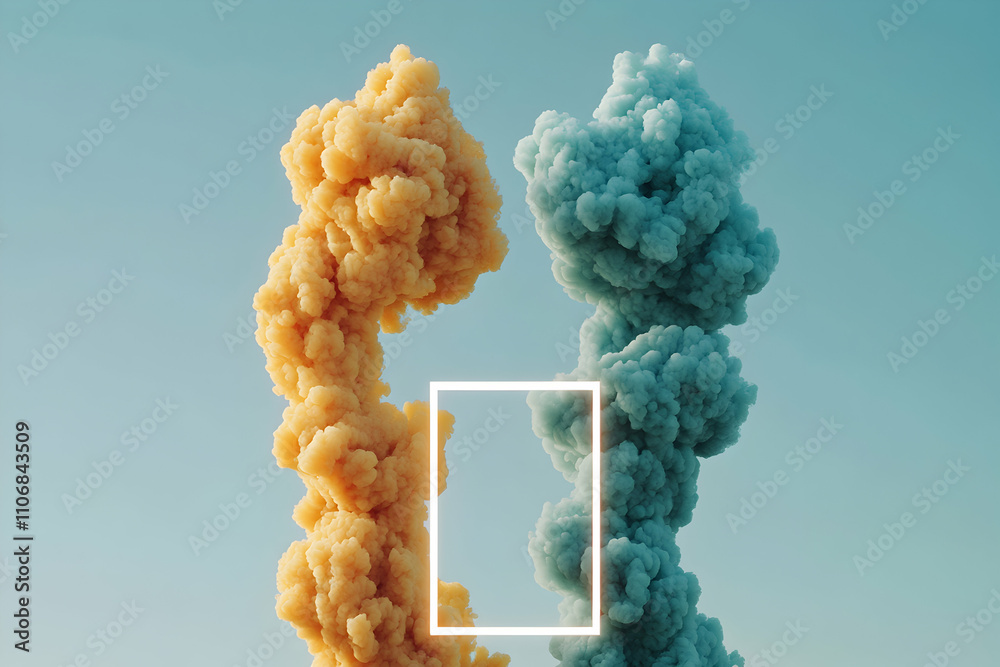 Abstract image of two vibrant colored smoke plumes, gold and teal ...