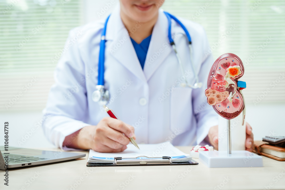 A male doctor sits at a desk in a hospital, explaining kidney models ...