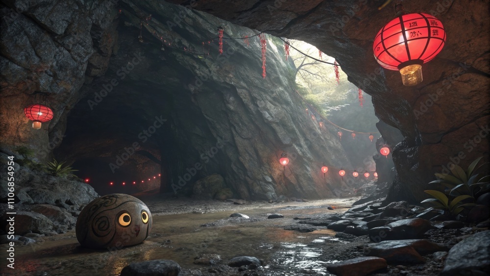 The interior of the cave is dimly lit with jagged stone walls ...