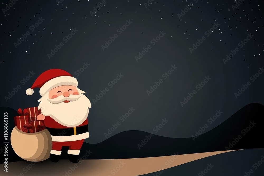 christmas doodle, jovial santa doodle with a sack of gifts and a starry ...