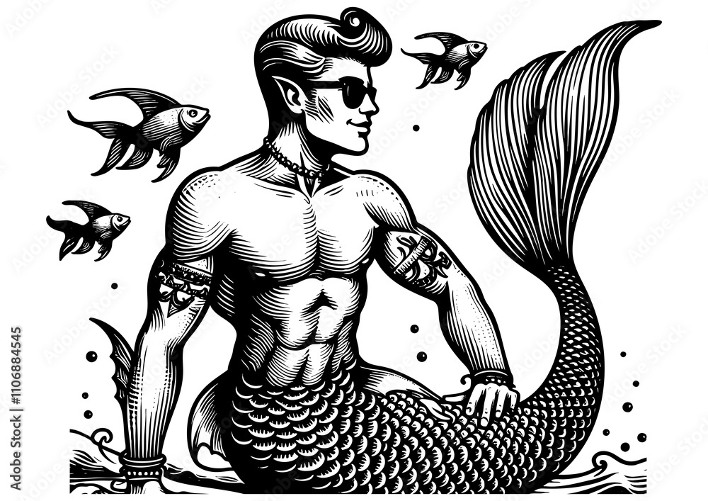 muscular merman with a vintage style, featuring strong physique and ...