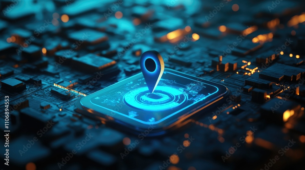 A conceptual 3D GPS map with a blue location pin and interactive search ...