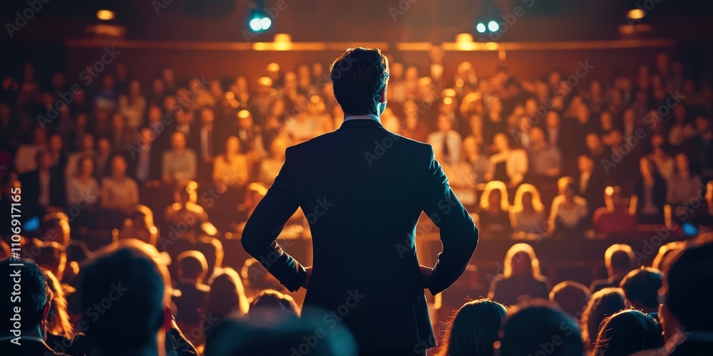 Motivational speaker inspires audience from stage conference hall event ...