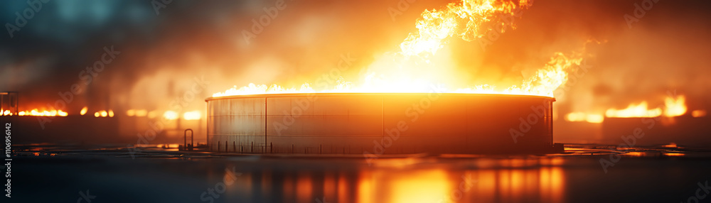 Dramatic industrial scene featuring burning oil storage tank amidst ...