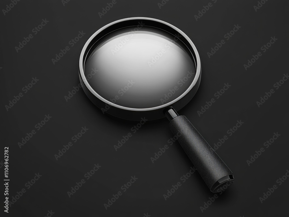 Black magnifying glass is shown on a black background. Concept of ...