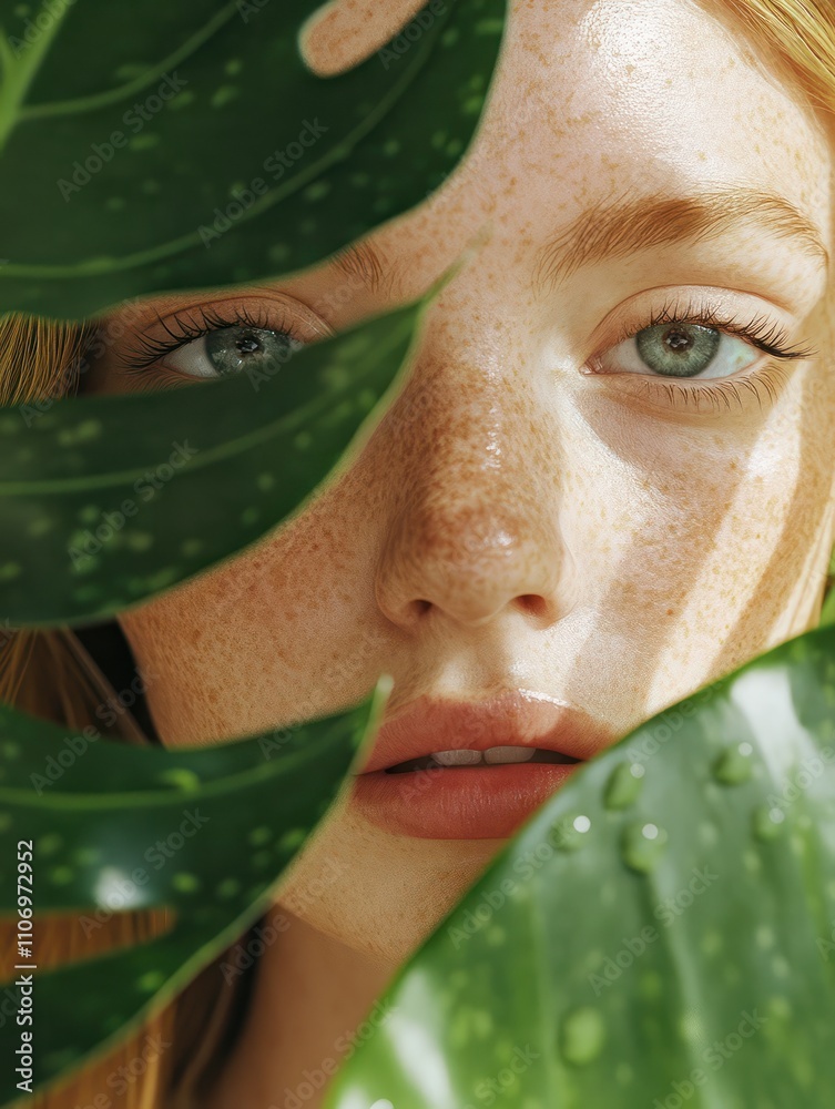 Close up face of beautiful young woman covering her face by green ...