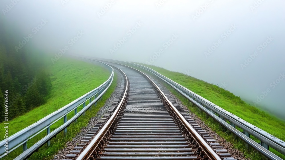 Train disappearing into fog on steel bridge with gleaming tracks from ...
