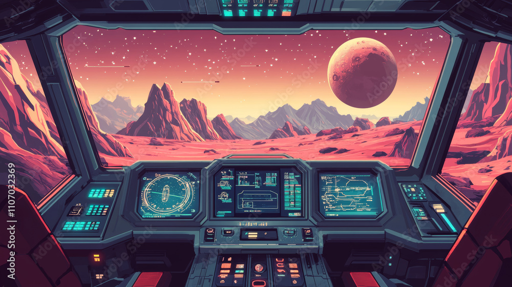 View on alien red planet surface with rock mountains from spaceship ...