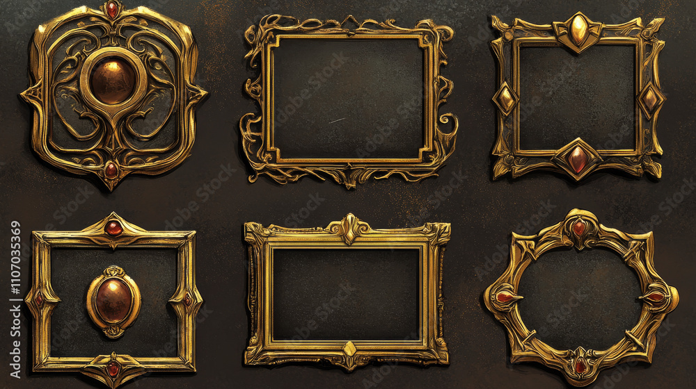 Cartoon set of square golden game rank frames isolated on background ...