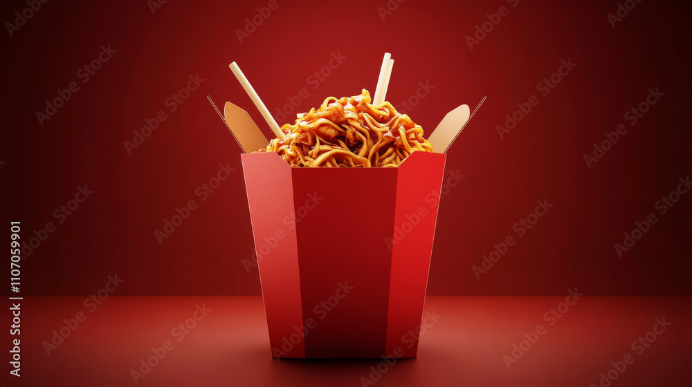 Red chinese take away food package. Noodle box mockup. Paper takeaway ...