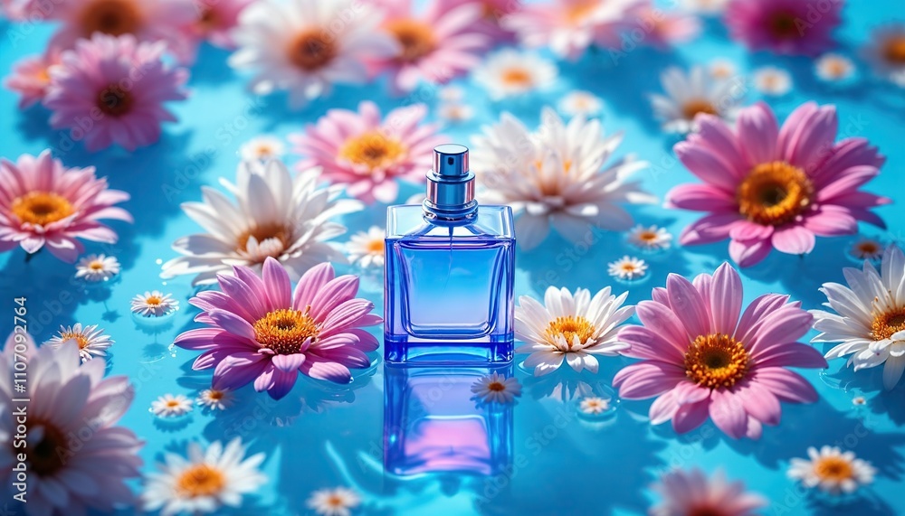 Floral Perfume Still Life: A square blue glass perfume bottle sits ...