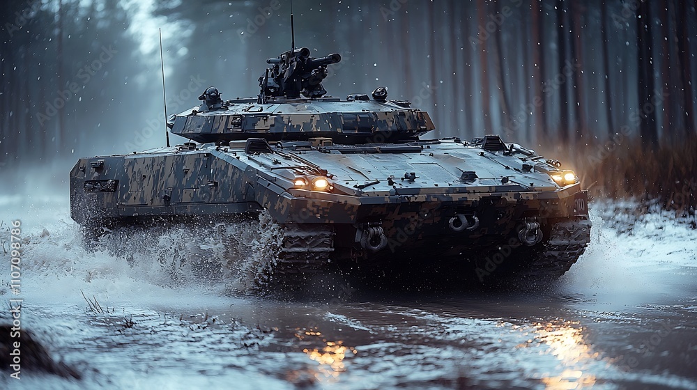 Front diagonal perspective of a moving amphibious armored vehicle ...