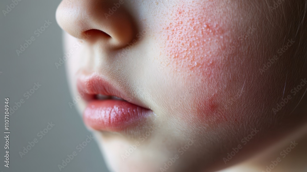 A close-up of a child with a red rash on their skin due to an allergic ...