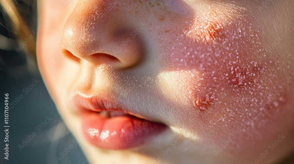 A close-up of a child with a red rash on their skin due to an allergic ...