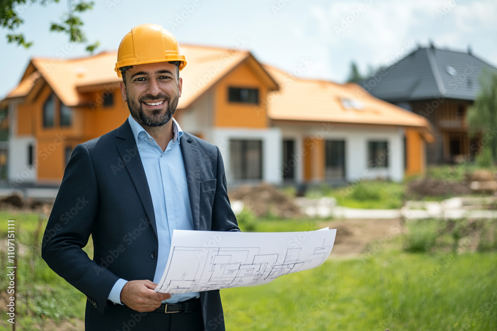 banner on a construction theme, real estate agent, engineer with a ...