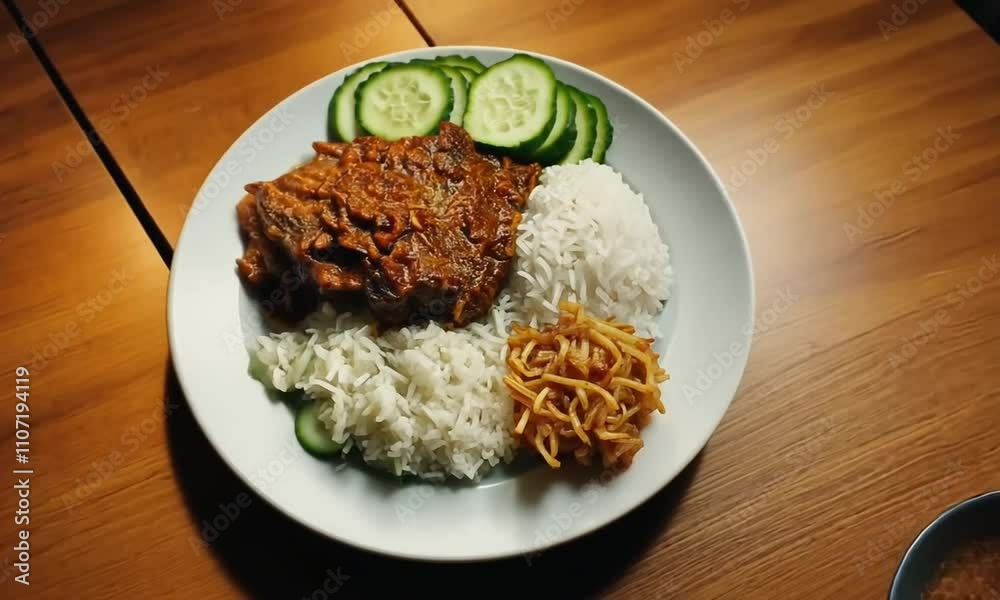 Aromatic Beef Rendang with Rice, Cucumber, and Crispy Fried Shallot ...