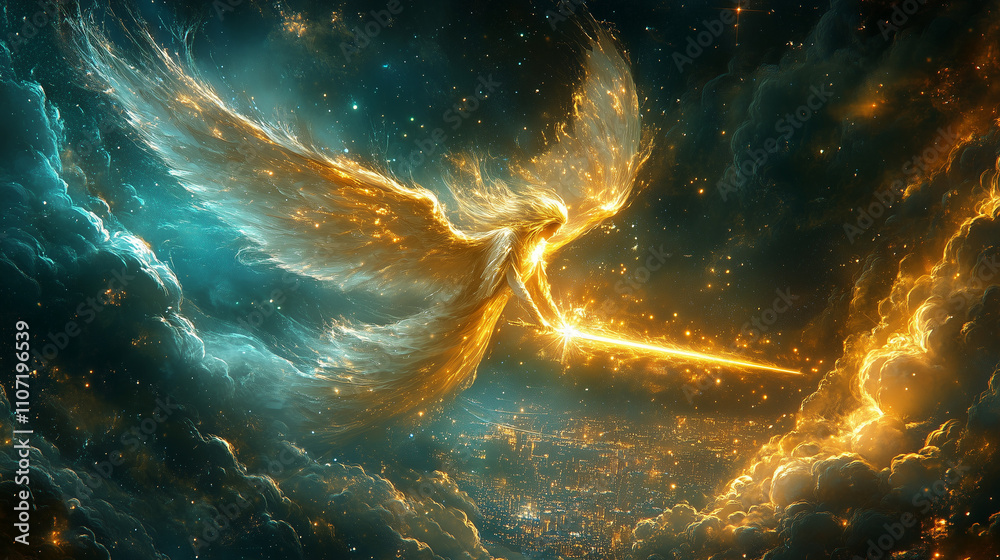 Celestial Angel with Golden Wings: A majestic angel with golden wings ...