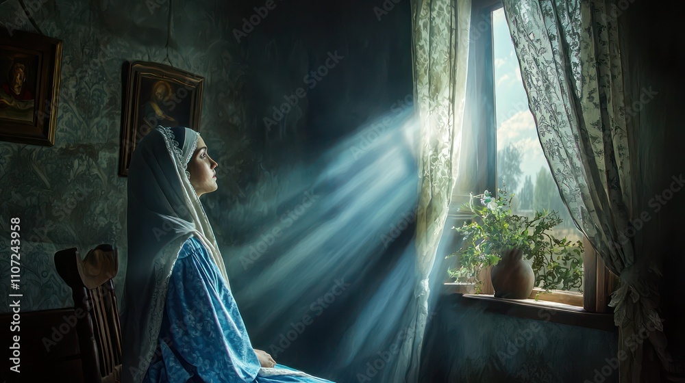 The Annunciation: The Virgin Mary in a humble home setting, dressed in ...