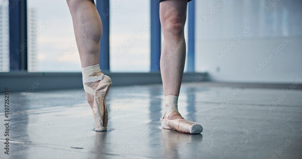 Ballerina, person and pointe feet in studio for dancing practice ...
