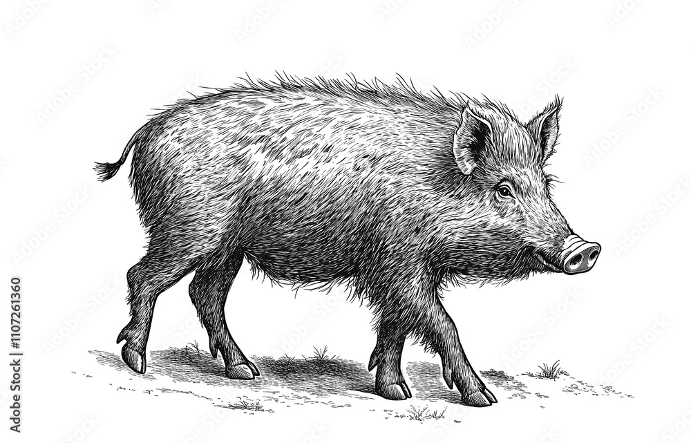 Boar, wild boar, hog, wild pig, sketch. Vintage retro print, wild boar, forest pig sketch ink ...