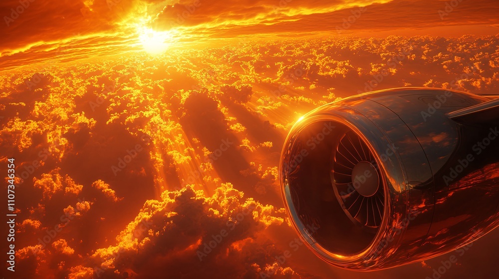 epic sunset aviation scene, detailed jet engine turbine, dramatic ...