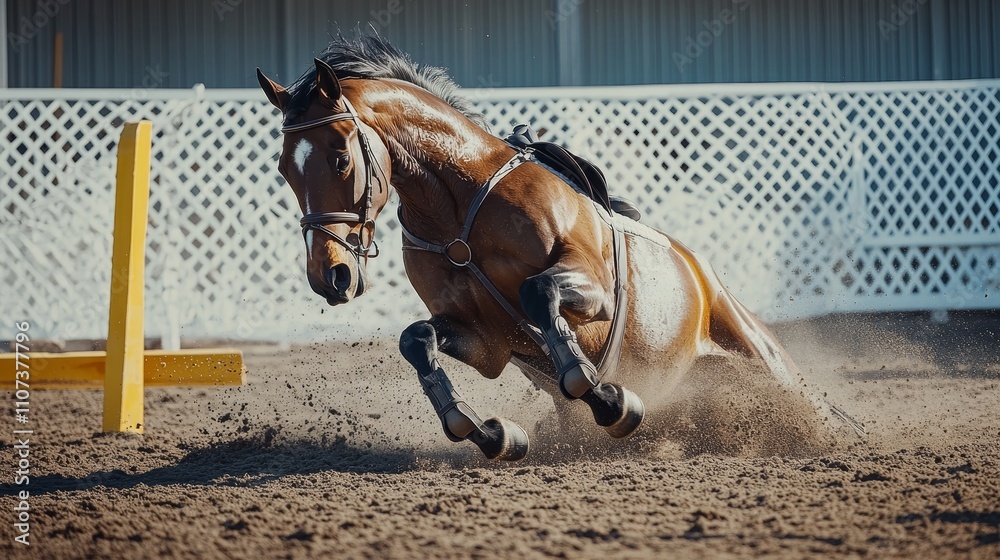 dynamic horse fall sequence, professional riding arena setting, white ...