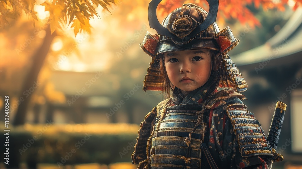 Young Samurai in Traditional Armor with Sheathed Katana in Temple ...