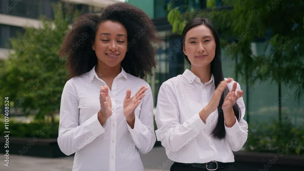 Two Asian Korean Chinese African American women businesswomen applause ...