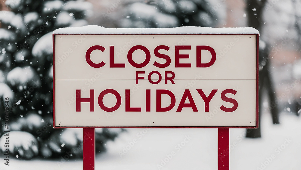 Closed for holidays sign board with festive decor and snow in ...