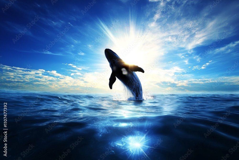 Majestic humpback whale breaching under a radiant sun with blue sky and ...