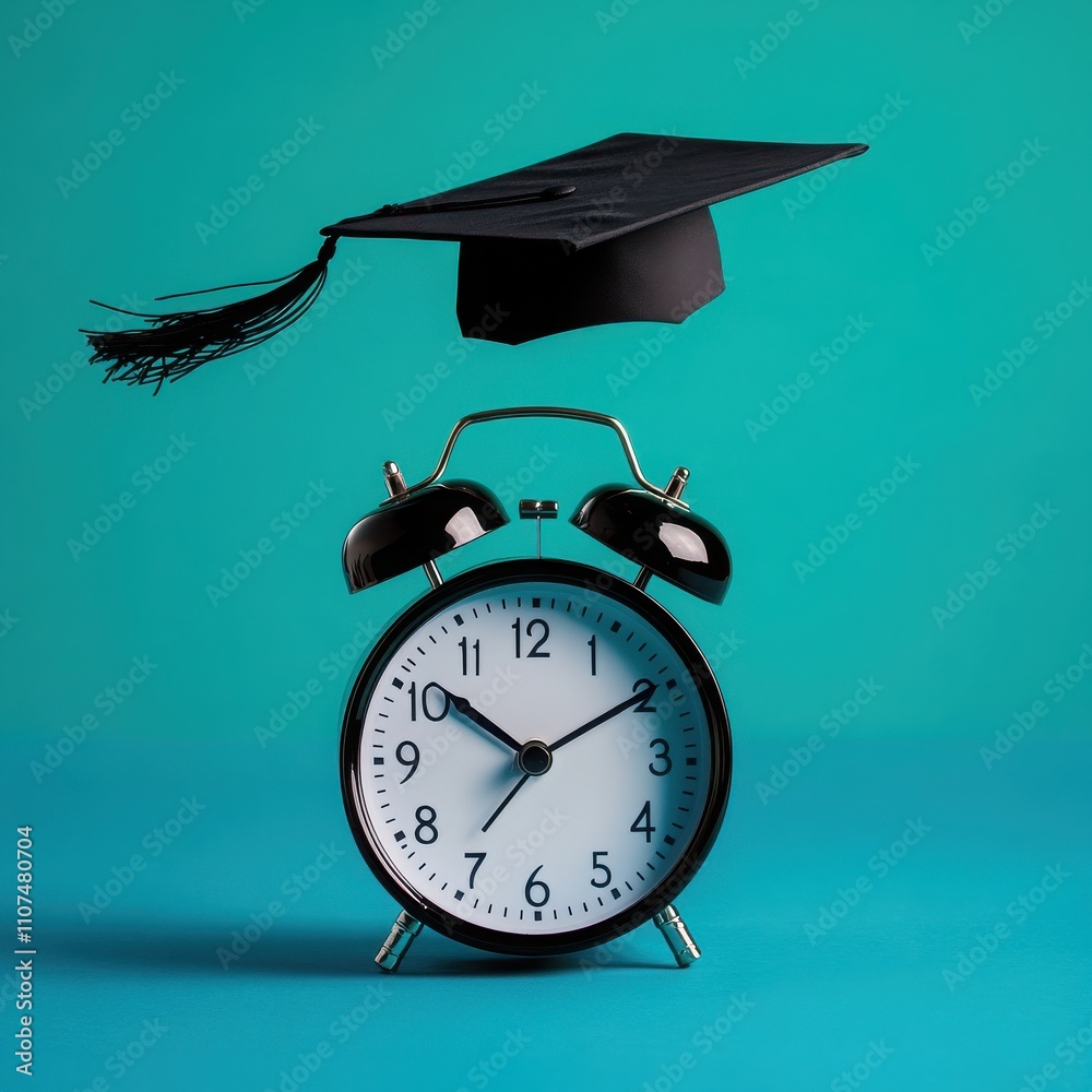 A vibrant image of an alarm clock with a graduation cap above it ...