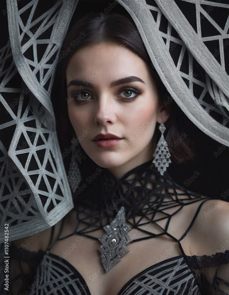 Beautiful Young Woman with Black Mesh Collar, Her Head Wrapped in Gray ...