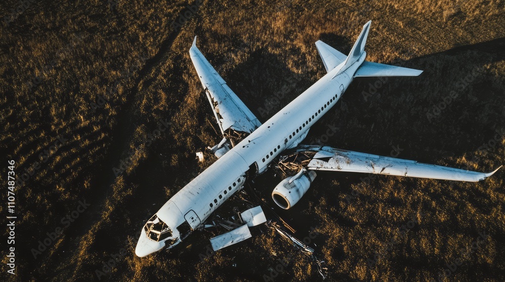 Damaged debris of an airplane, abandoned ruins. Risks of aviation ...