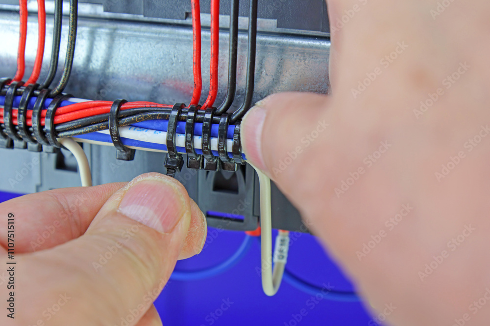 Installation of a plastic clamp on electrical wires in an electrical ...