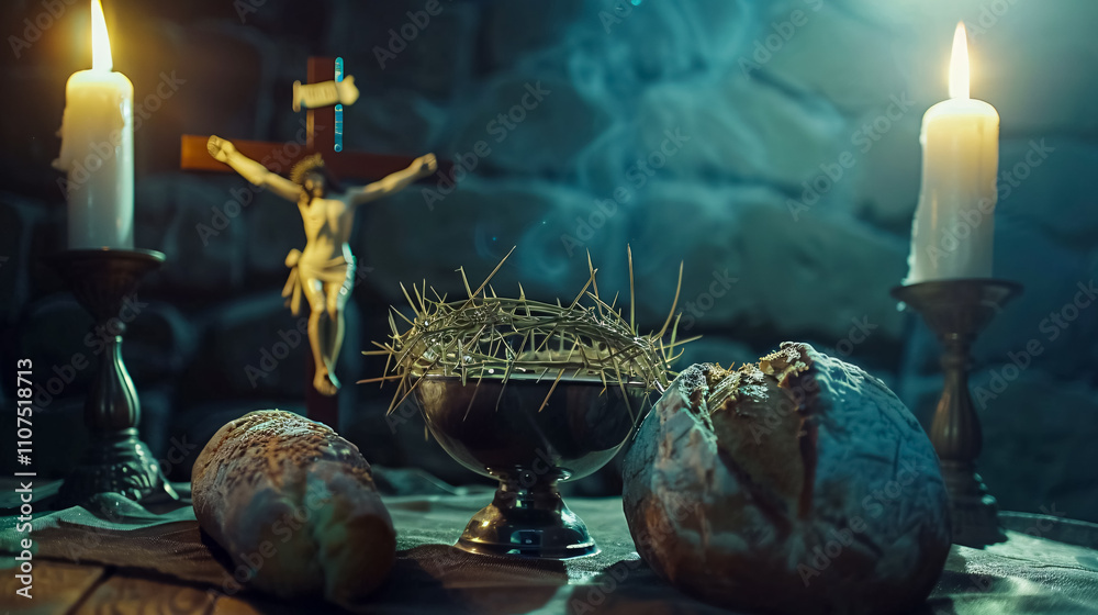 The Last Supper of Jesus, featuring passion objects like the Holy Grail ...