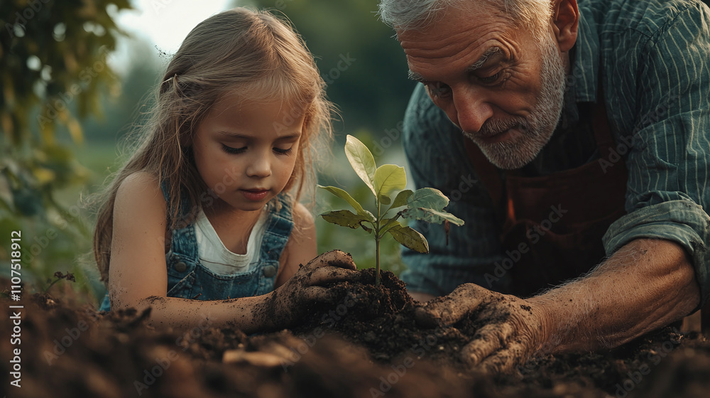 Grandfather and his young granddaughter planting a tree in the ground ...