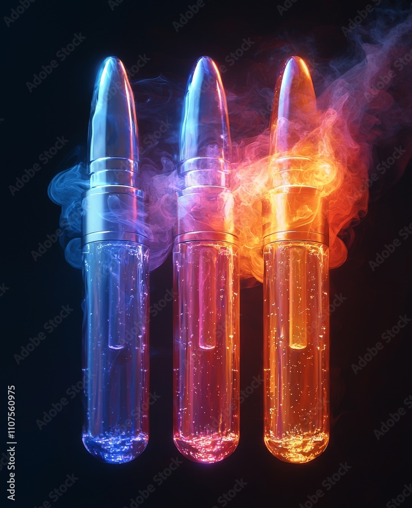 Assorted bullets, depicted in motion with lifelike smoke trails. Metal ...