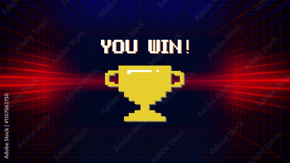 8-bit pixel art with text "You Win" and a big golden cup on dark red ...